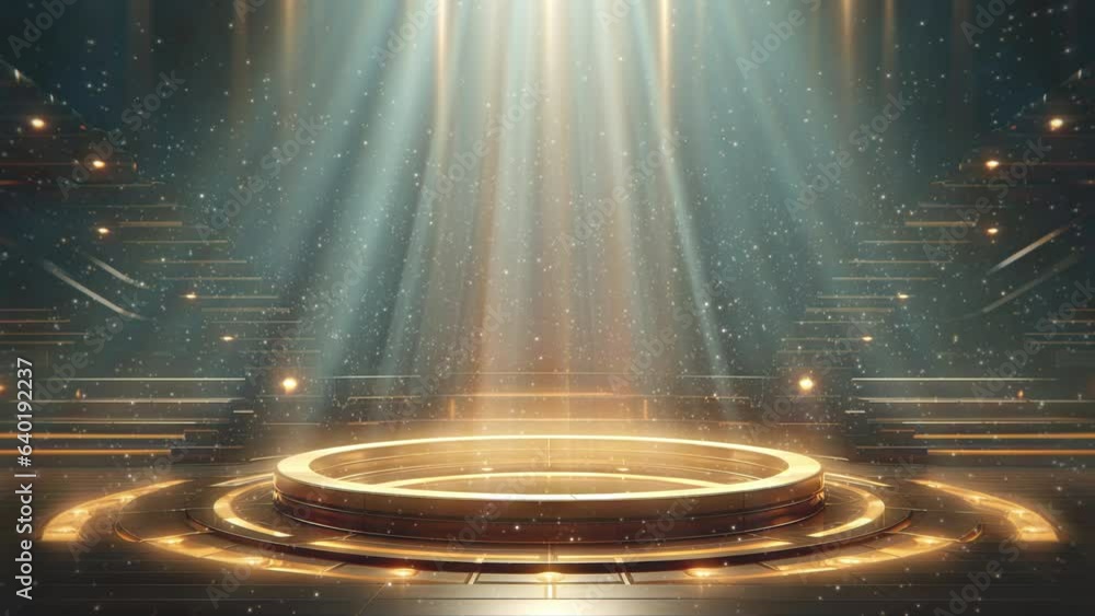 4K Stage with spotlight. Podium with light rays. Bokeh particles flying ...