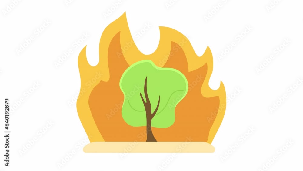 Burning tree in flame cartoon animation. Wildfire conflagration 4K ...
