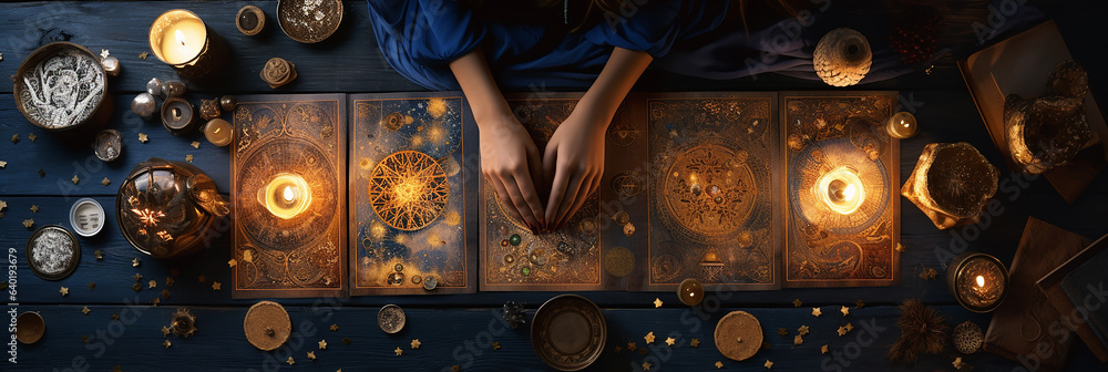 mystical ritual with candles and magic stones, top view Stock ...