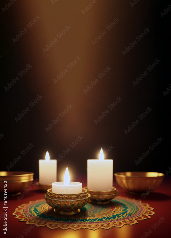 Vertical poster with Traditional diya lamps lit on the table with ...