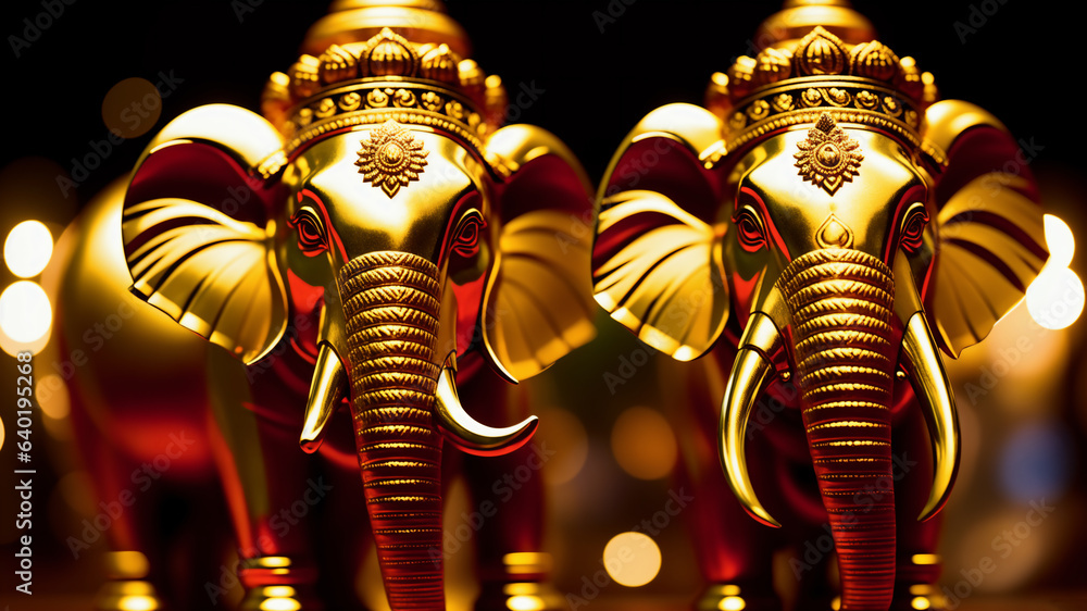 Sculptures of two golden elephants on blurred background for Diwali ...