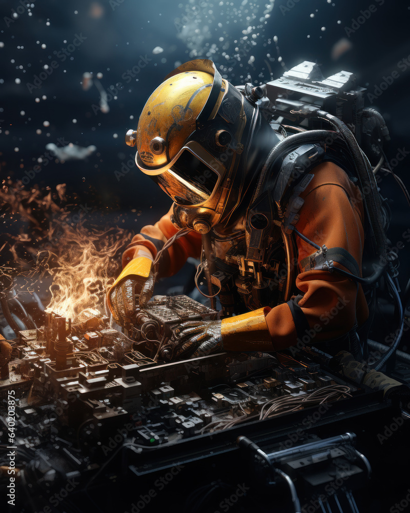 Underwater welding, a welder in a wetsuit welds metal in water Stock ...
