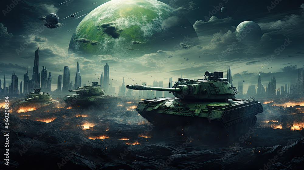 future vesion of a world war. tank in the foreground and a planet or ...