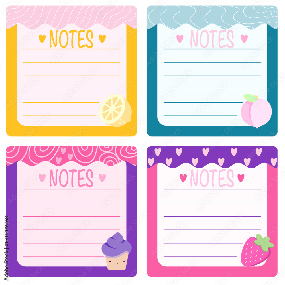set of label Notes sheet cartoon style with cake and kawaii animals ...