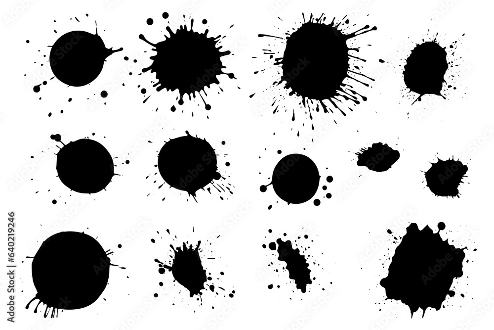 Grunge ink black paint splotch. Splash of paints, spray drops staining ...