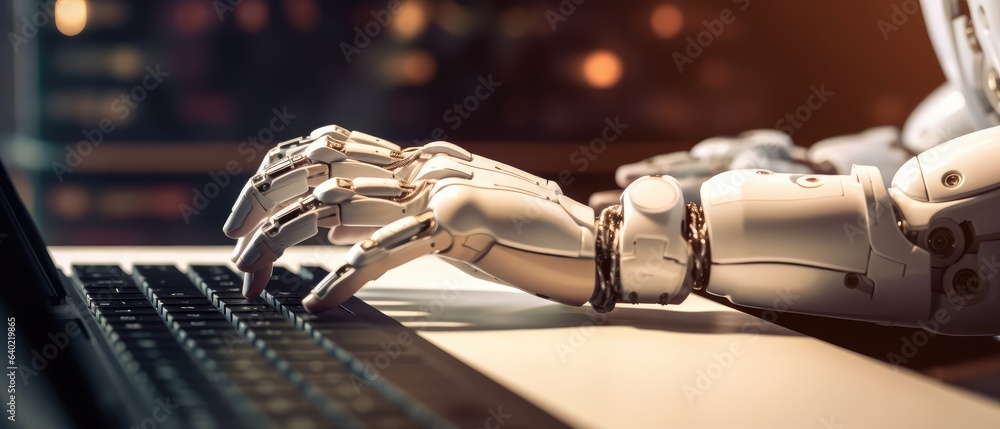 White Ai robot working and looking on monitor screen computer lab, high ...