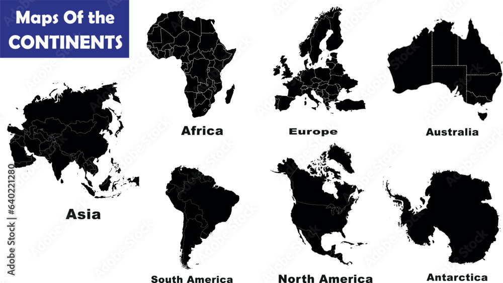 Vetor de Continents map vector, black and white illustration of seven ...