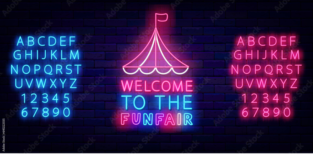 Welcome to the funfair neon label. Big top tent with colorful text on ...