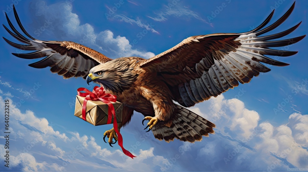 Hawk with a Santa hat, clutching a gift-wrapped mouse. A clear blue sky ...