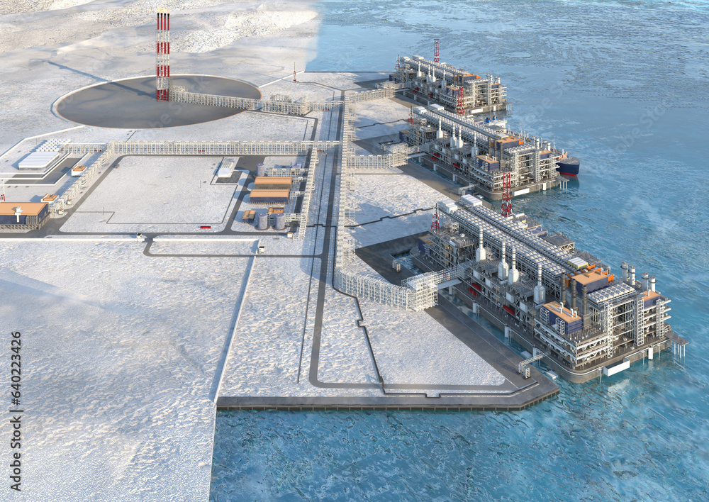 LNG plant based on gravity type with a gas carrier. The Arctic LNG-2 project. Utrennoye deposit ...