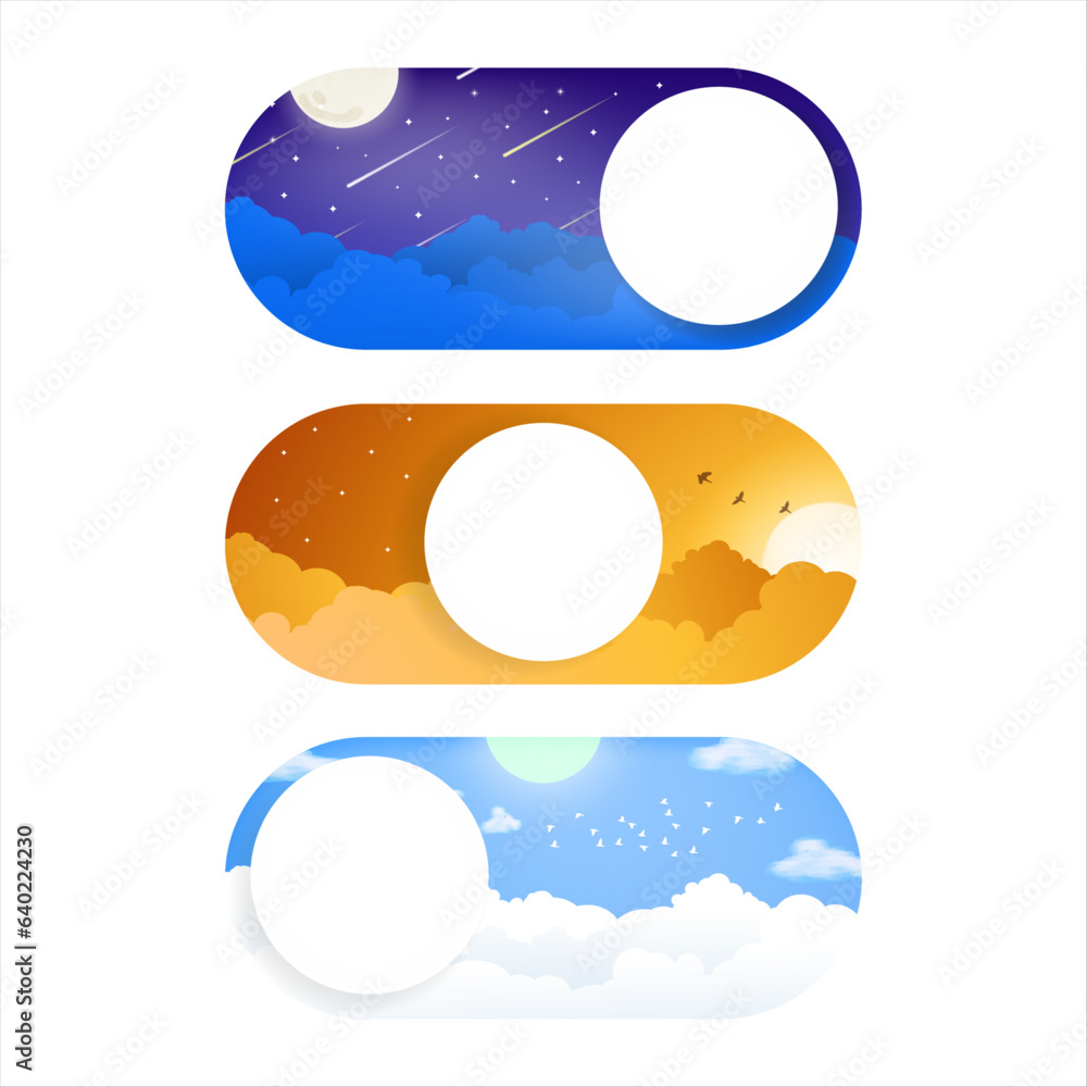 Day, Night, Sunset Switch Button Concept. Blue Sky Day with clouds and ...