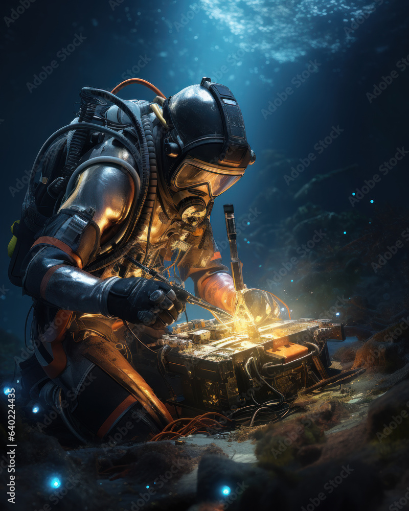 Underwater welding, a welder in a wetsuit welds metal in water Stock ...
