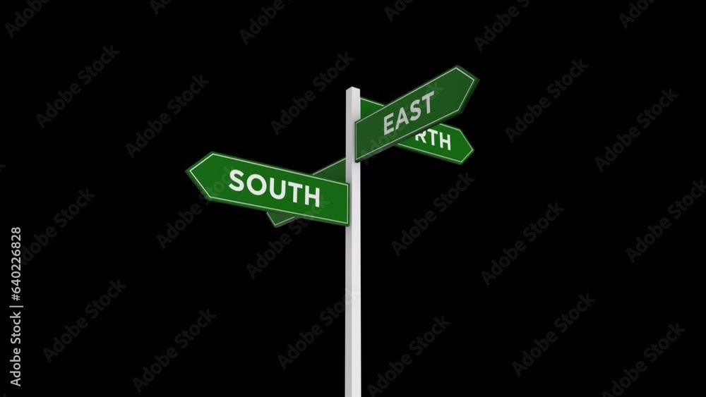 Road sign with four wind direction text rotating on alpha channel ...