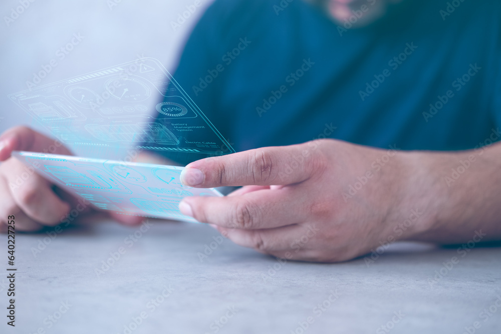 EV concept car in digital hologram dashboard display screen on a human ...