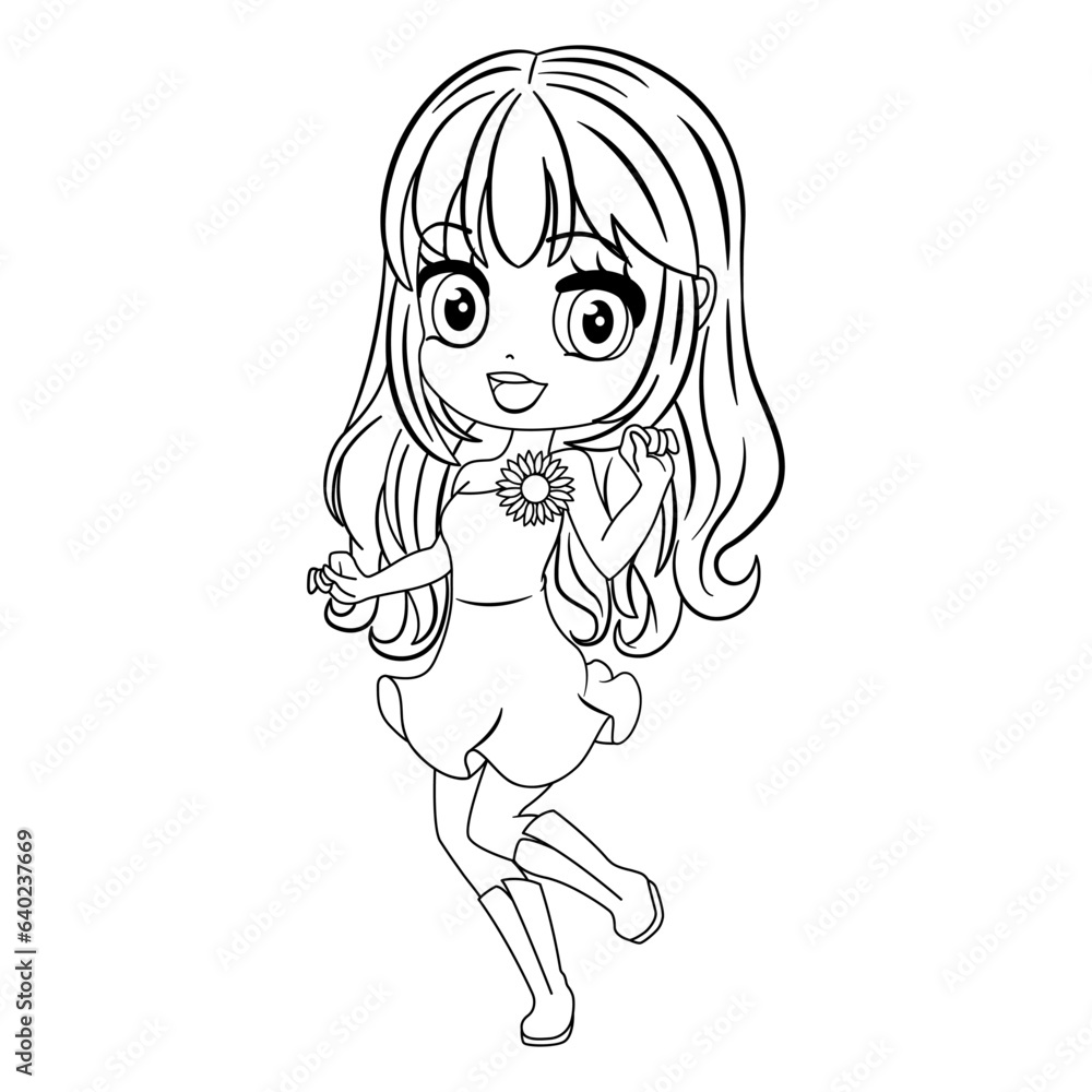 Dancing Chibi Girl for Coloring Page. Vector Illustration Cartoon ...