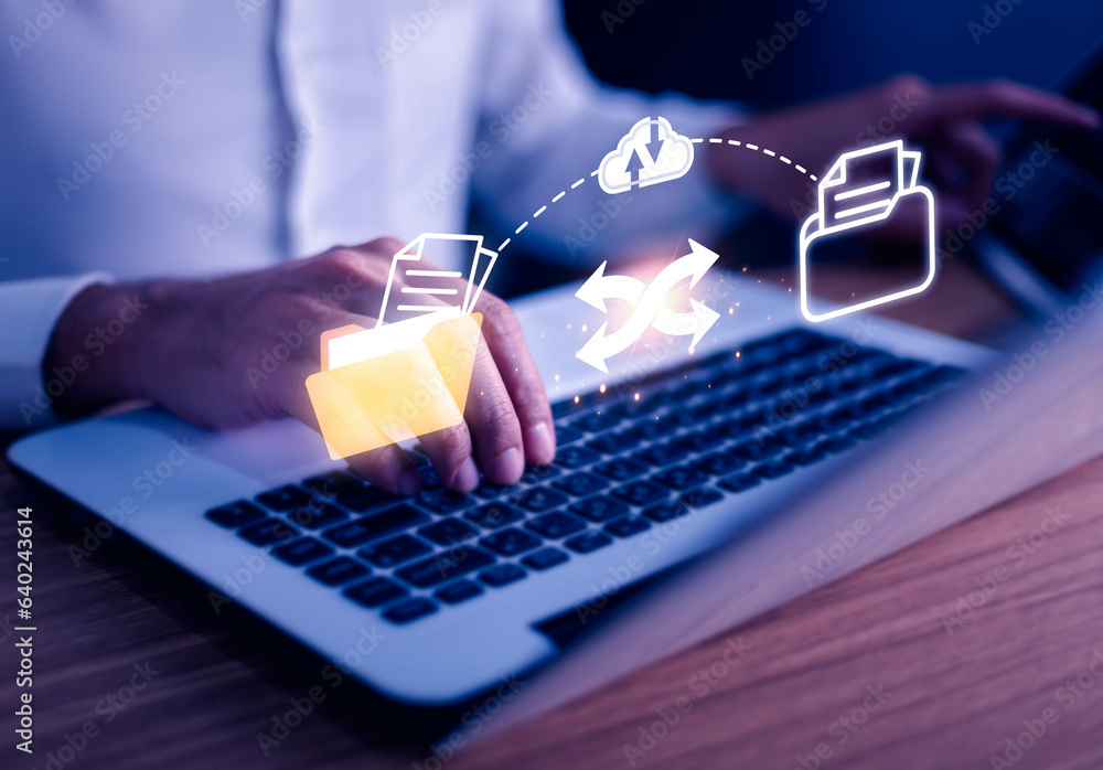 File Transfer Protocol files receiver and computer backup copy. File sharing isometric. Digital ...