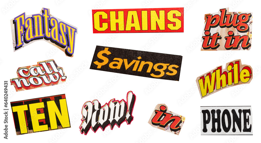 Cutout magazine vintage text, labels, price, offer, sign and more ...