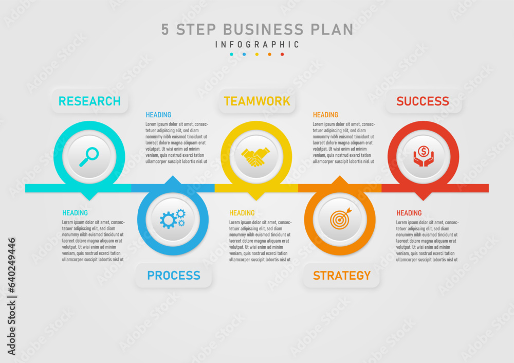 5 step business planning infographic to success multi colored circles concatenated circle button ...