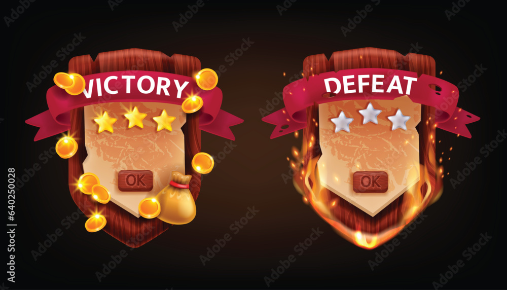 3D victory defeat game badge UI wooden shield award, vector medieval ...