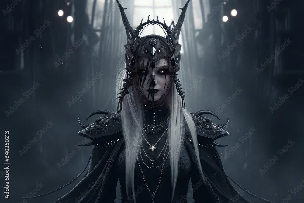 Dark gothic princess with long white hair in a black cloak on a dark ...
