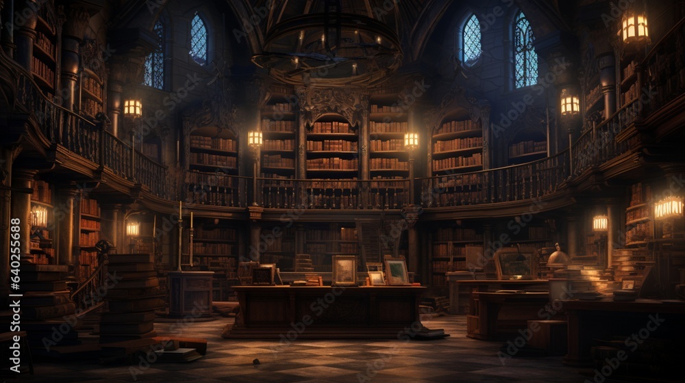 Zdjęcie Stock: Ancient Library , A dimly lit library with towering ...