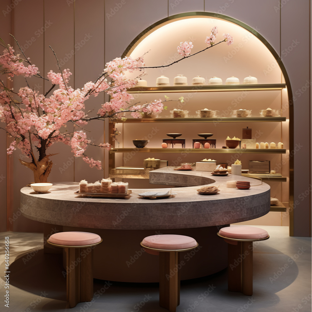 design a japanese pastry store with a small counter and built in ...