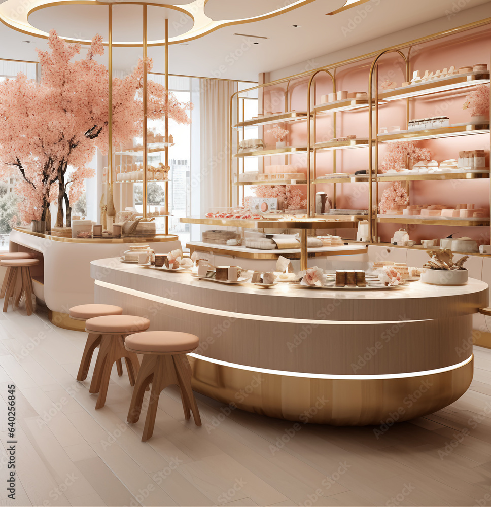 design a japanese pastry store with a small counter and built in ...