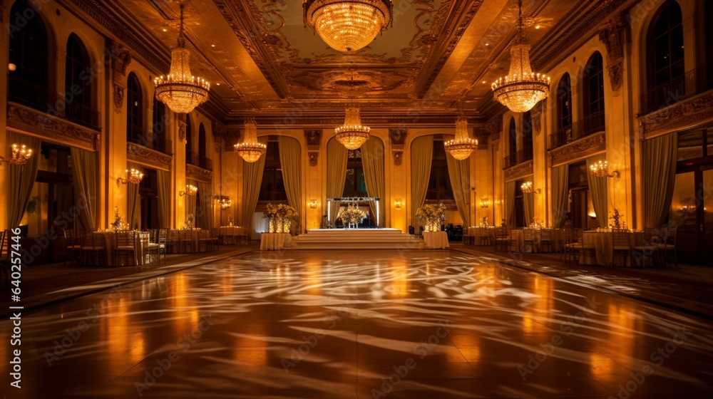 Ballroom , A grand ballroom with crystal chandeliers, marble floors ...