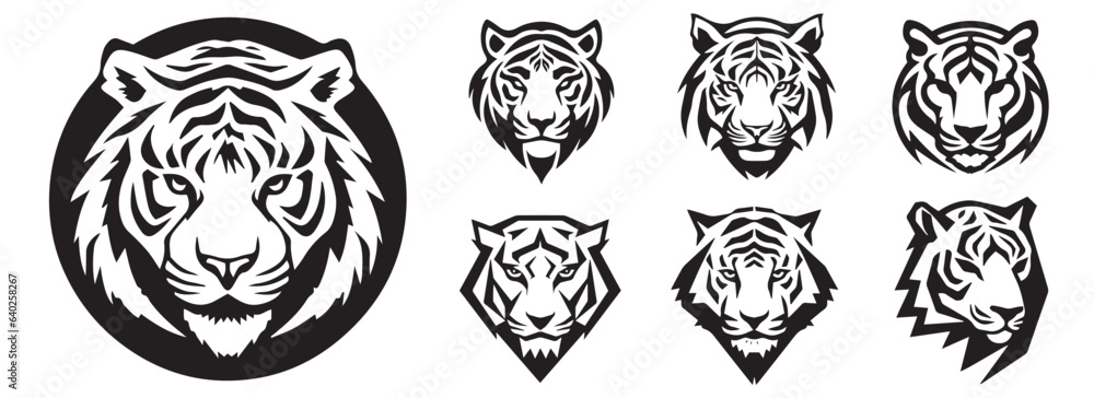 Tiger heads black and white vector, silhouette shapes illustration ...
