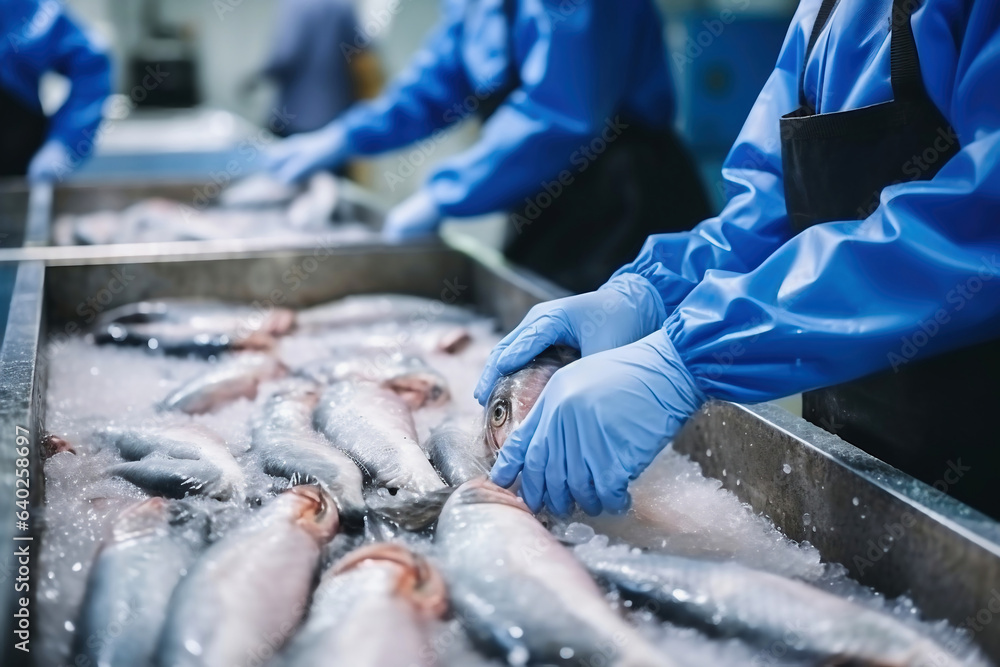 Fish processing plant. Production Line. People sort the fish moving ...