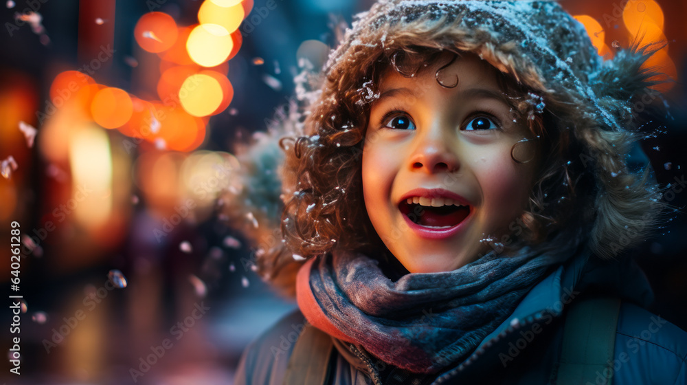 Enchanting scene of a joyous young boy, mouth open in awe, catching his ...