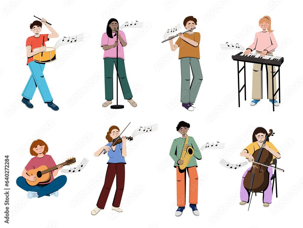 People playing musical instruments vector illustrations set. Large flat ...