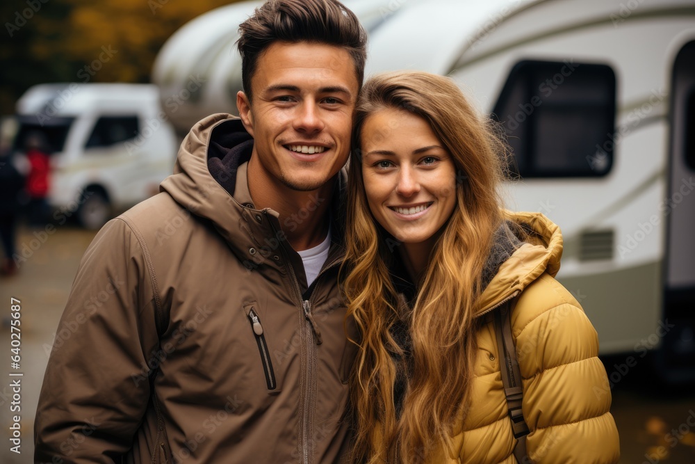 Happy smiling young man and girl standing in front of camper in forest ...
