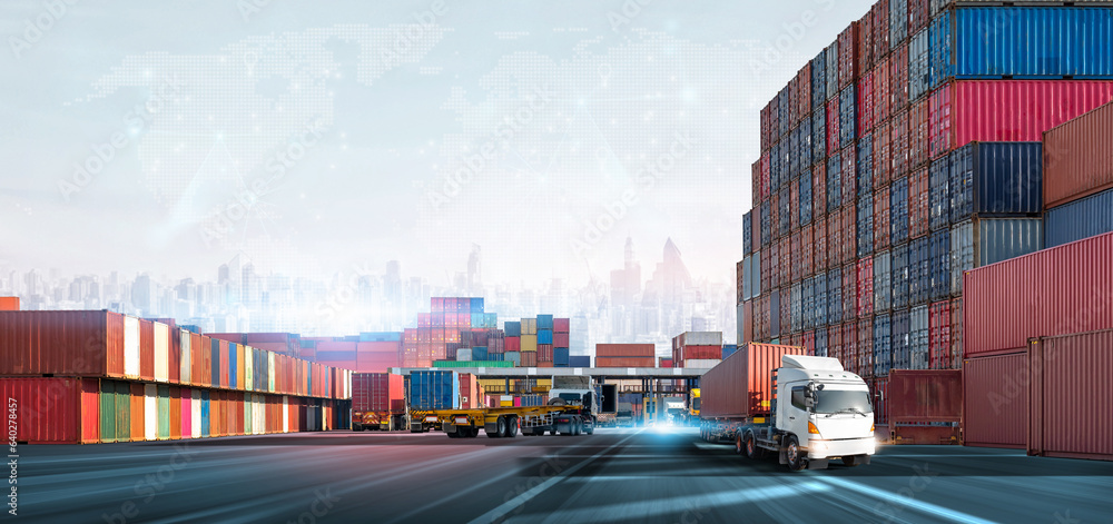 Transport of container cargo truck at container yard background ...