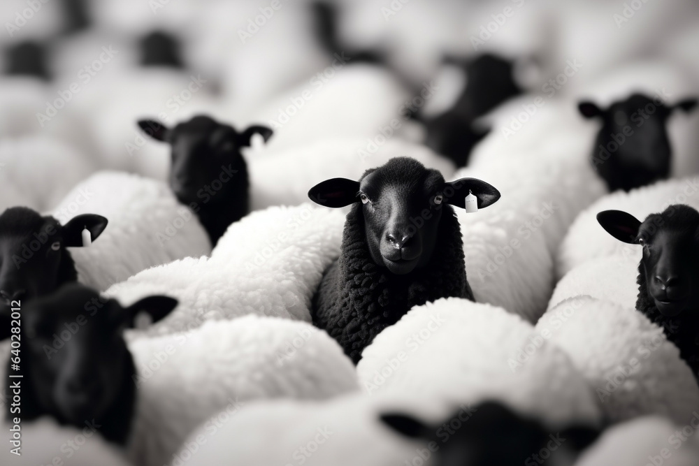 : An intriguing image featuring a black sheep within a flock of white ...
