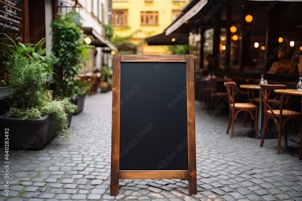 Mockup, advertising billboard near a cozy European restaurant or cafe ...