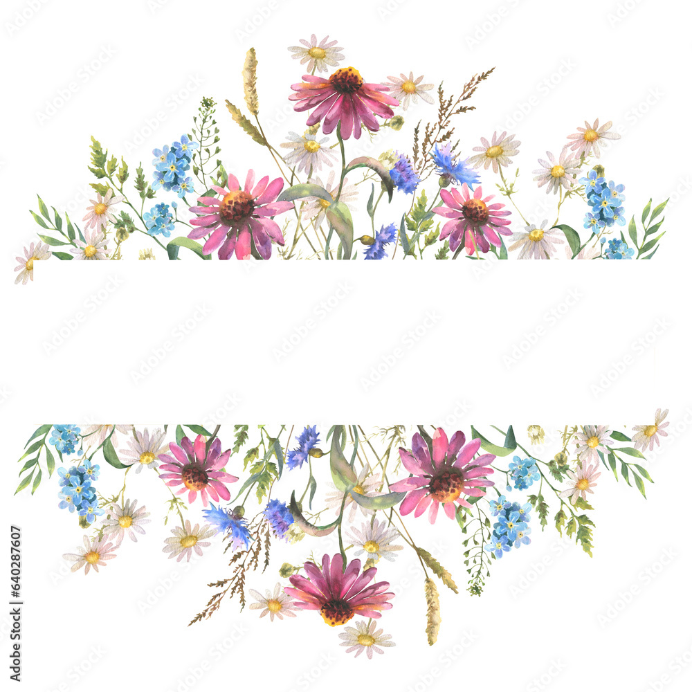 Beautiful floral frame with watercolor hand drawn summer wild field ...
