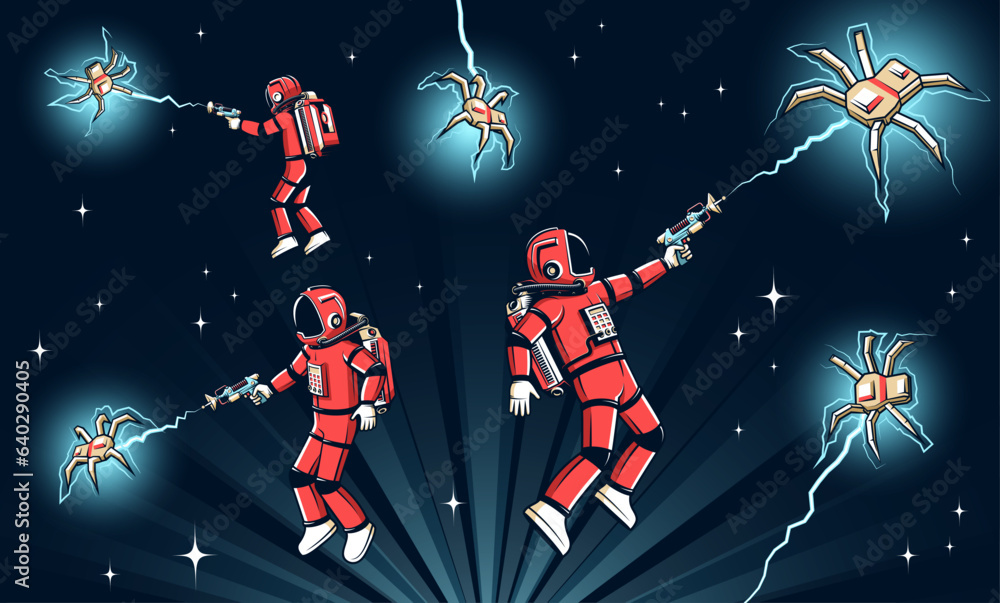 Astronauts in red spacesuits with blasters fight alien spider robots in ...