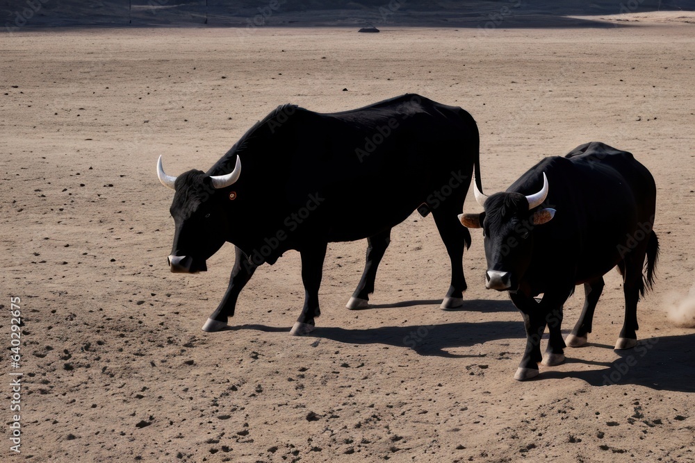 Two bulls on arena. The Bullfight two adult black male bulls battled ...