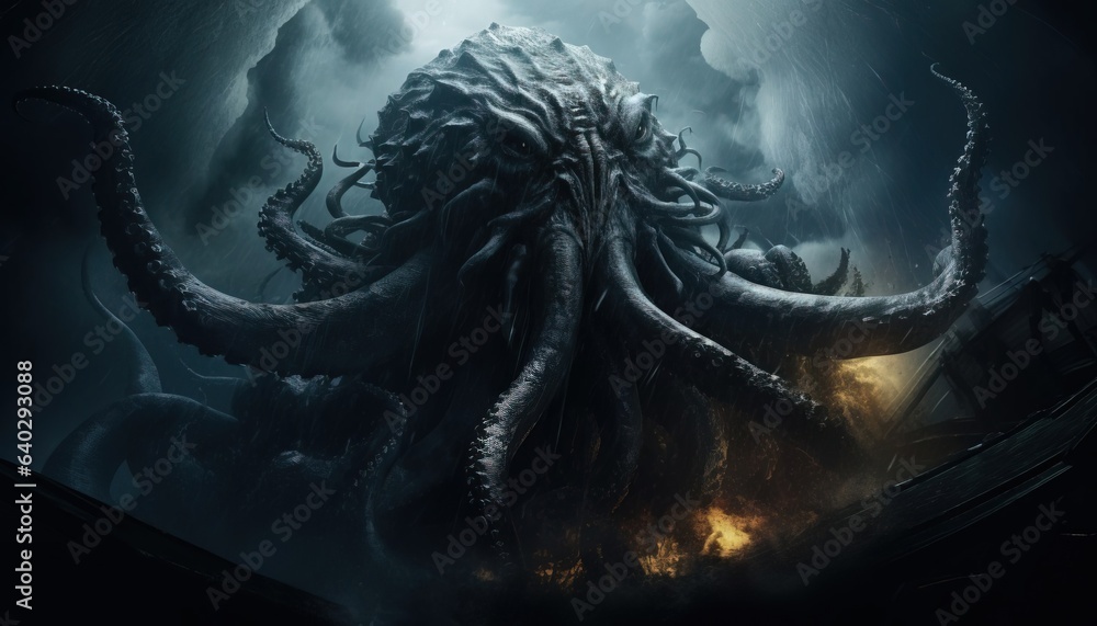 An ominous huge Kraken emerges from the changing ocean, the legendary Kraken creature from the ...