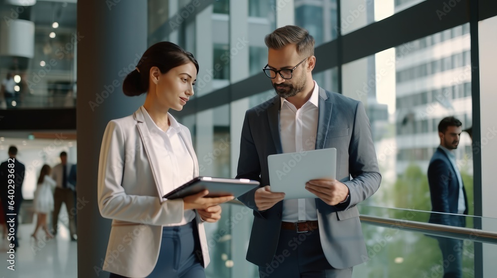 Two busy diverse coworkers discussing project walking in office with laptop and documents ...