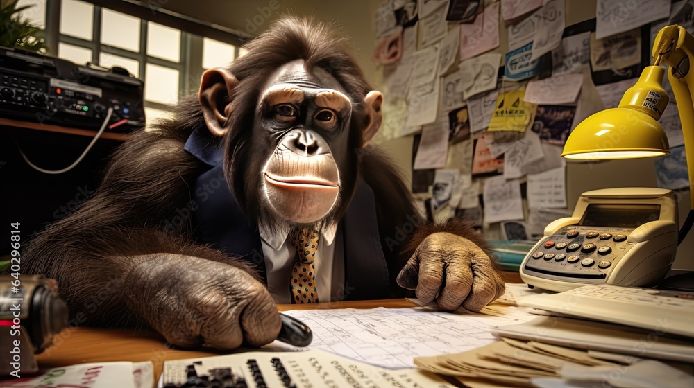 In a parody of a bustling office, the chimp sits behind a cluttered ...