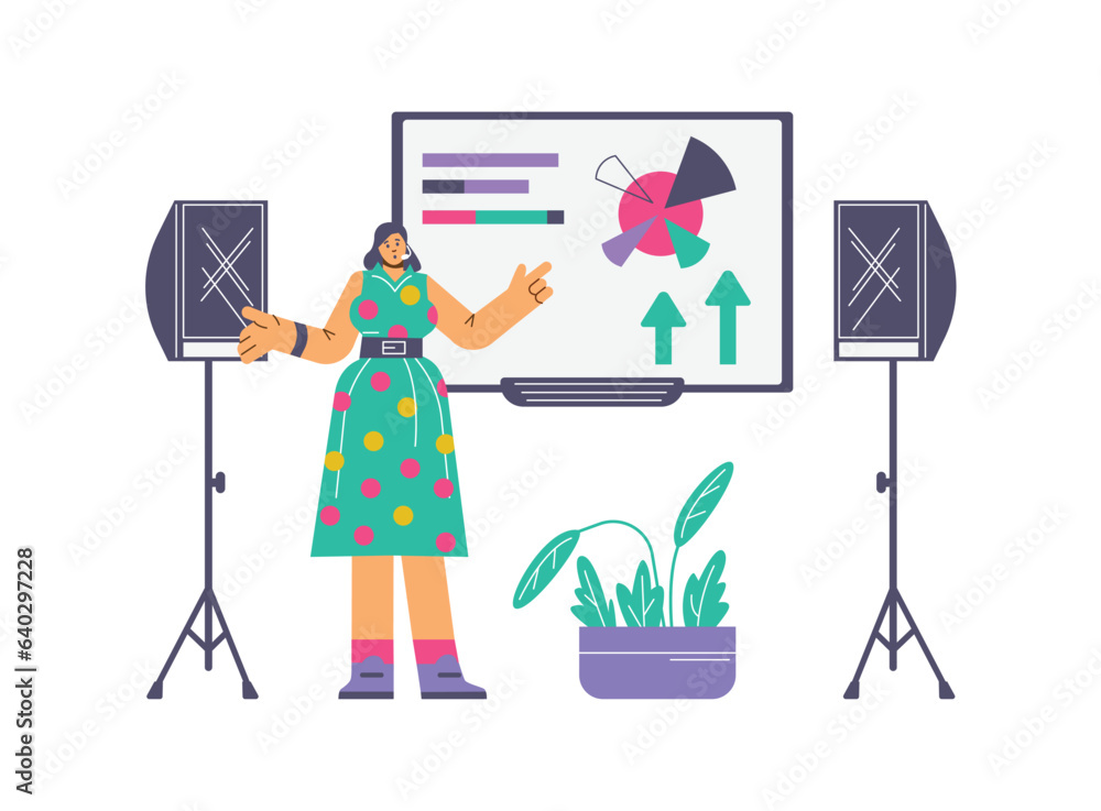 Woman presenting and explaining screen statistics charts diagrams ...