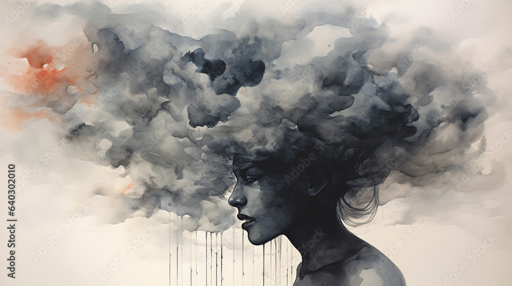 Abstract painting of a person with a dark cloud of black and grey ...