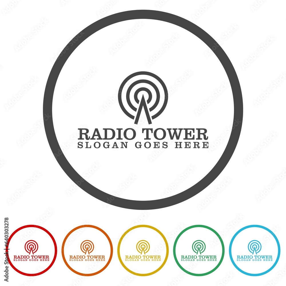 Radio tower logo template. Set icons in color circle buttons Stock ...