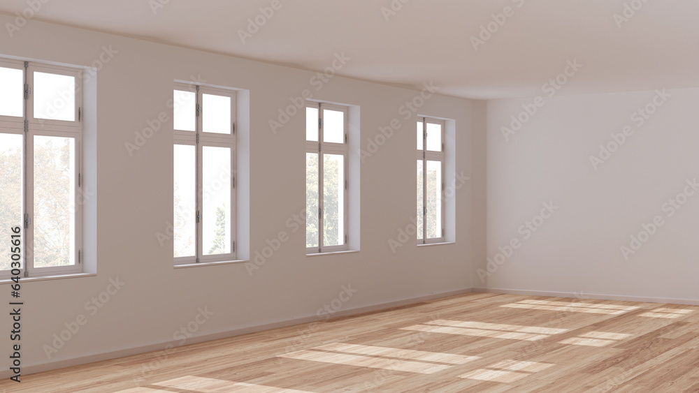 Empty room interior design, open space with parquet floor, window and ...