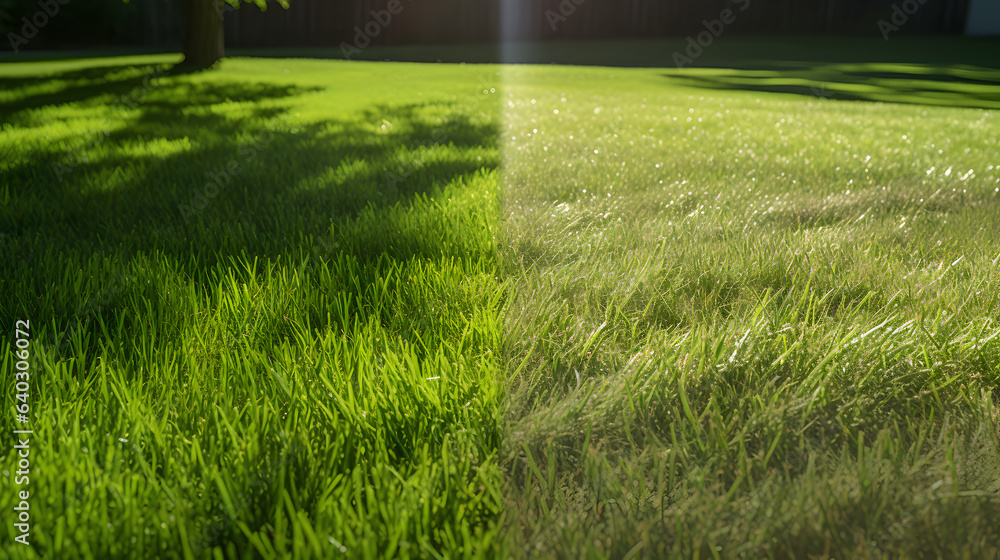 Grass texture before and after mowing shown side by side Stock Photo ...