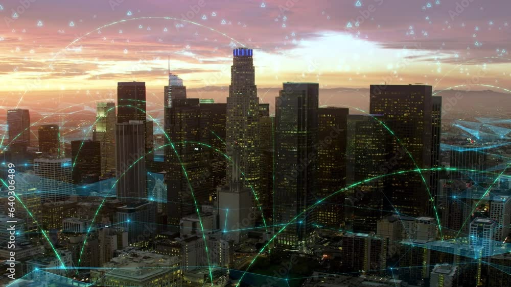 Great Aerial View of Downtown Los Angeles with Holographic Arches and ...