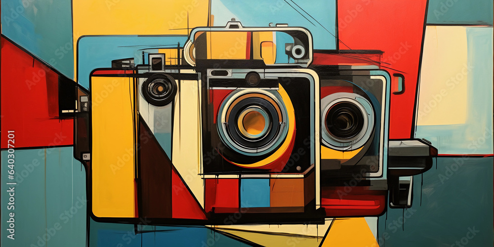 Cubist interpretation of a vintage camera, fragmented and reconstructed ...