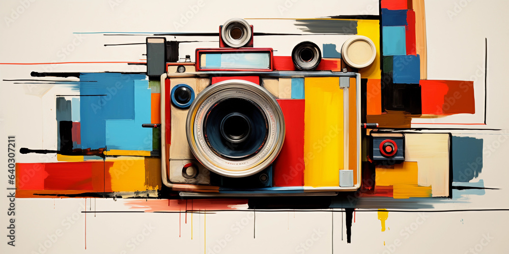 Cubist interpretation of a vintage camera, fragmented and reconstructed ...